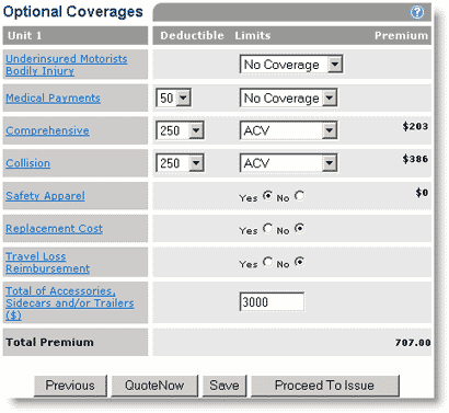 Motorcycle Quick Quote Coverages